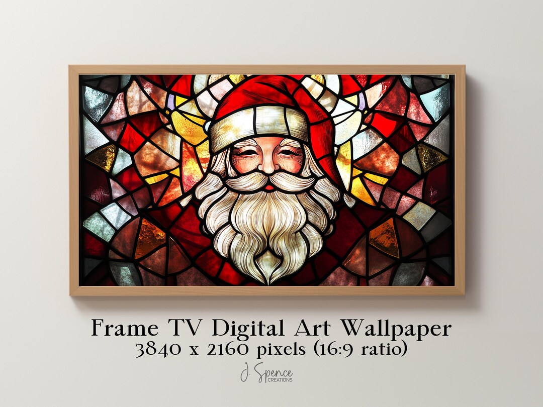 Christmas Santa Stained Glass Frame TV Art, Santa Clause Decor Digital ...