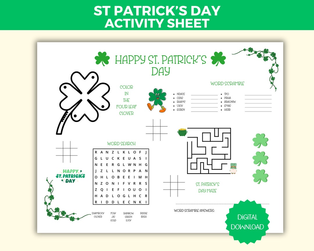 Printable St Patrick's Day Coloring Placemat, Kid's Activity Sheet, St ...