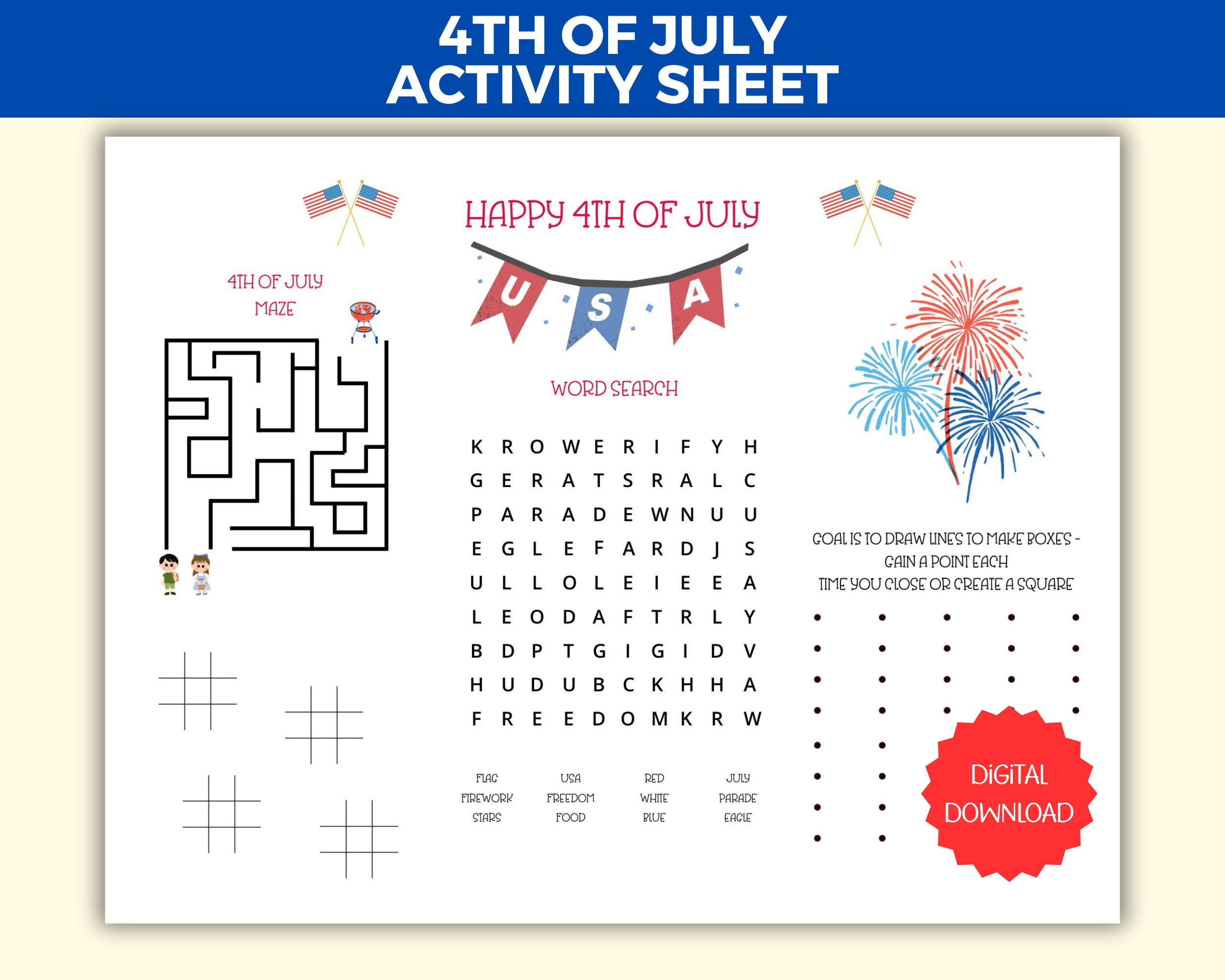 Kids Printable 4th of July Activity Placemat, Independence Day Activity ...