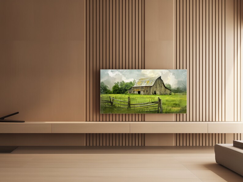 Samsung Frame TV Art, Old Barn in Green Grass in an Oil Painting Style ...