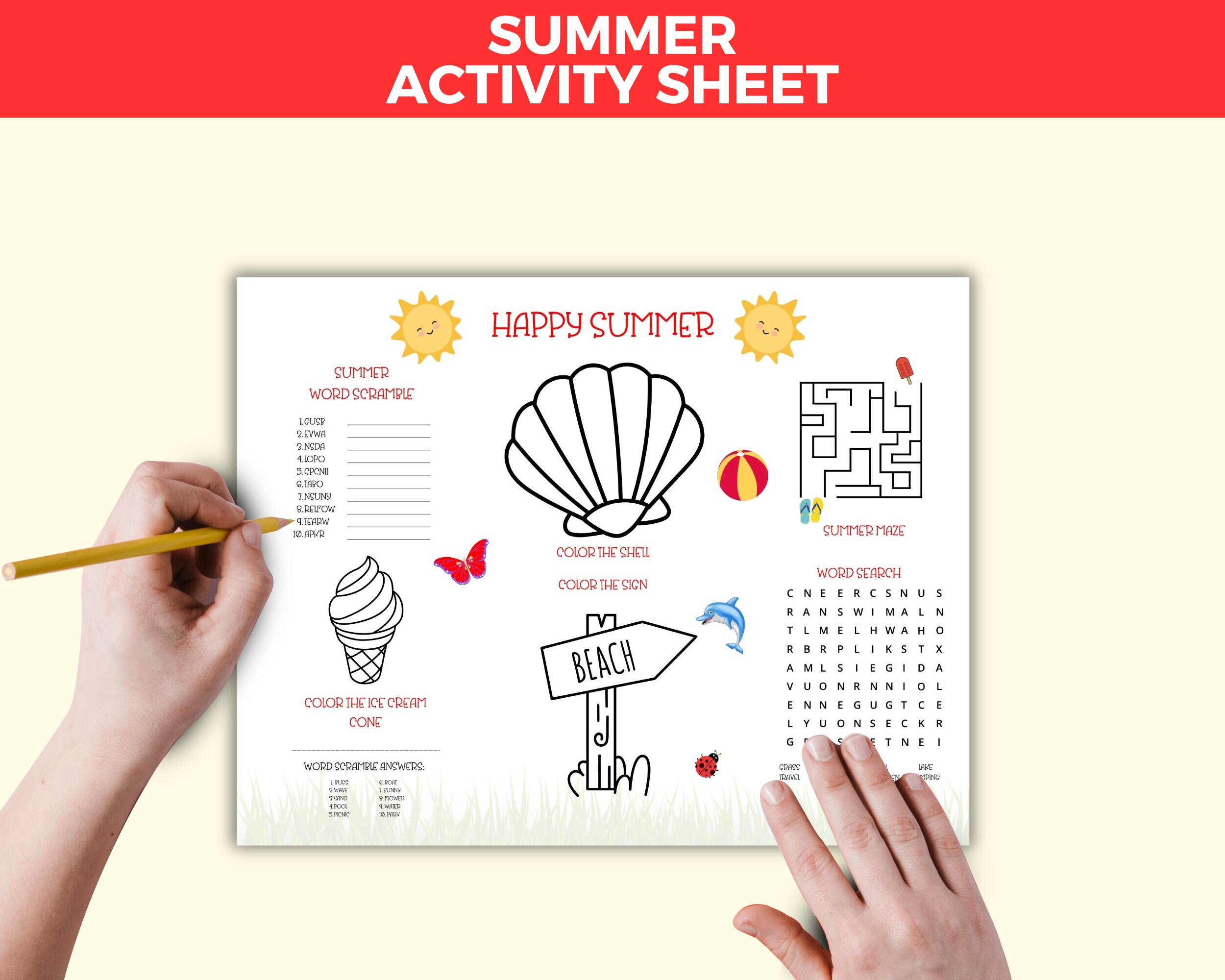 Kids Printable Happy Summer Activity Placemat, Summer Activity Sheet ...
