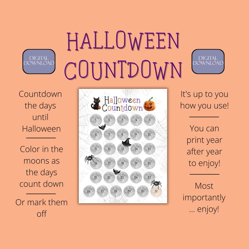 Halloween Countdown Tracker Printable, Holiday Calendar Sign, Moon ...
