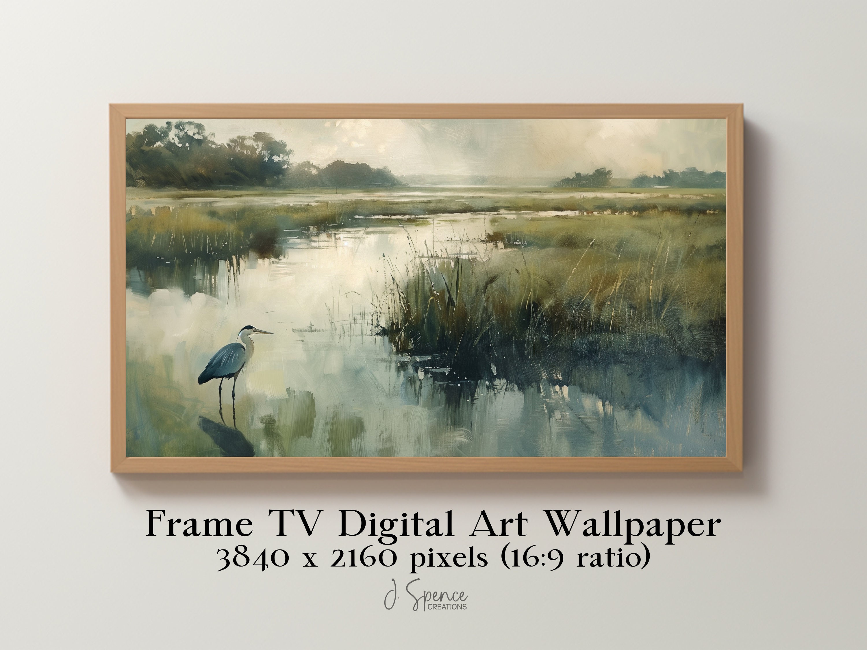 Low Country Marsh Frame TV Art, Crane Wading in Water, Oil Painting ...