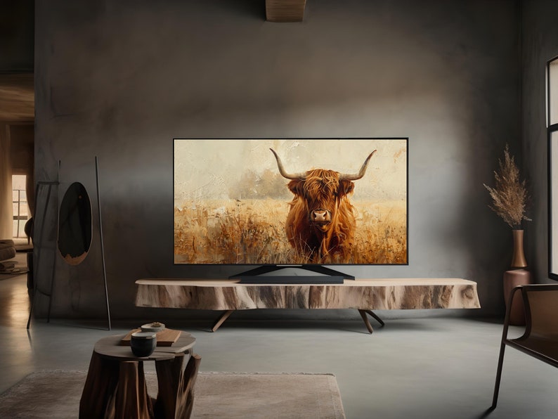 Frame TV Art, Scottish Cow W/ Horns in Field, Oil Painting Style W ...