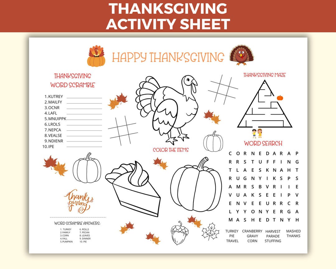 Thanksgiving Coloring Placemat, Thanksgiving Kid's Activity Sheet, Kids ...
