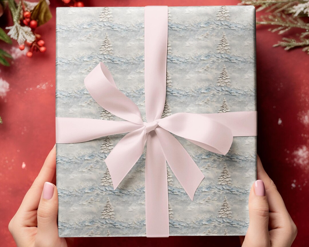 Christmas Wrapping Paper, White & Blue Winter Holiday Gift Wrap, Snowy ...
