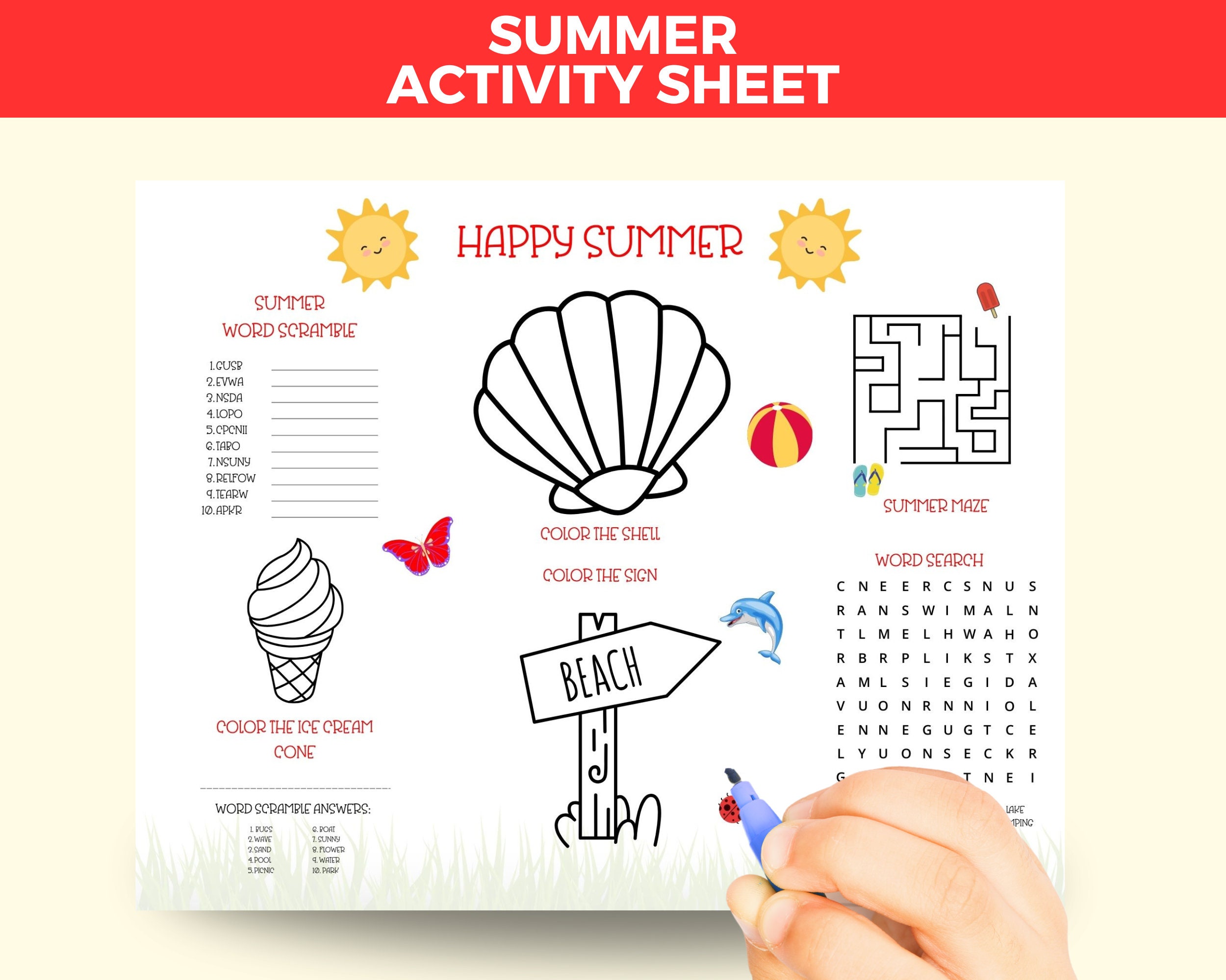 Kids Printable Happy Summer Activity Placemat, Summer Activity Sheet ...