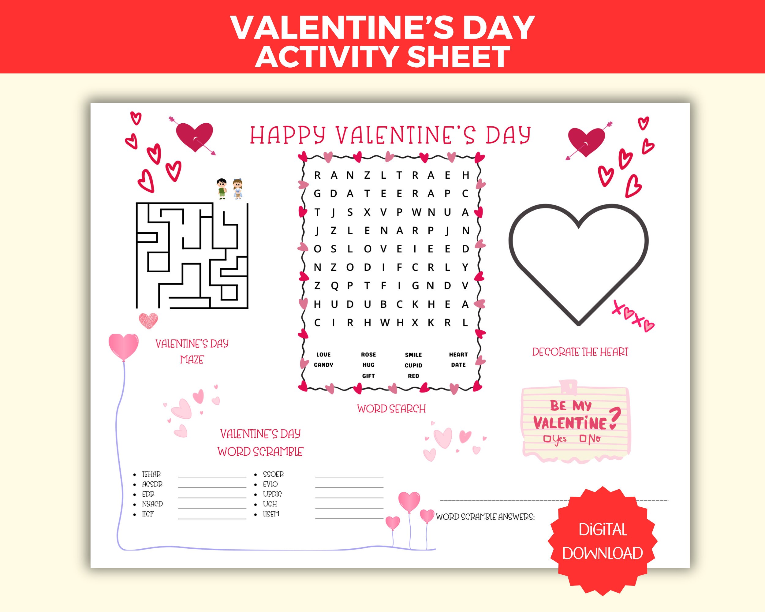 Printable Valentine's Day Coloring Placemat, Kid's Valentine Activity ...