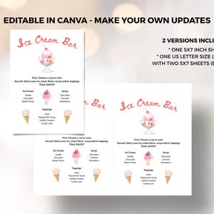 Ice Cream Bar Sign Template, Small Personalized Menu, Custom Event DIY ...