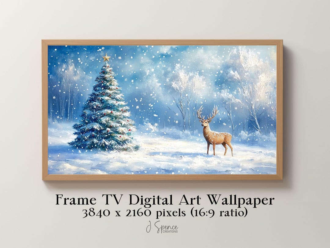 Frame TV Wallpaper Art, Christmas Tree & Deer in the Snow, Wintry and ...