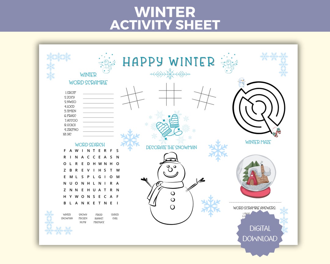 Printable Winter Coloring Placemat, Winter Kid's Activity Sheet, Winter ...