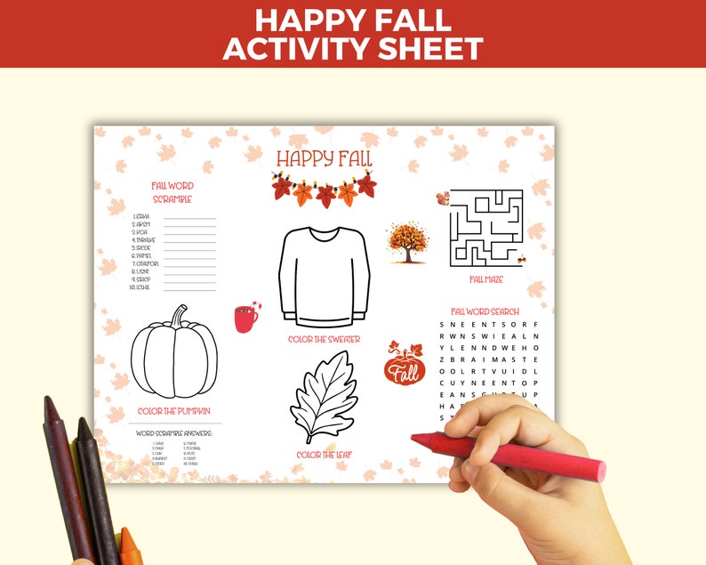 Happy Fall Activity Placemat Kids Printable, Autumn Entertainment, Fall ...