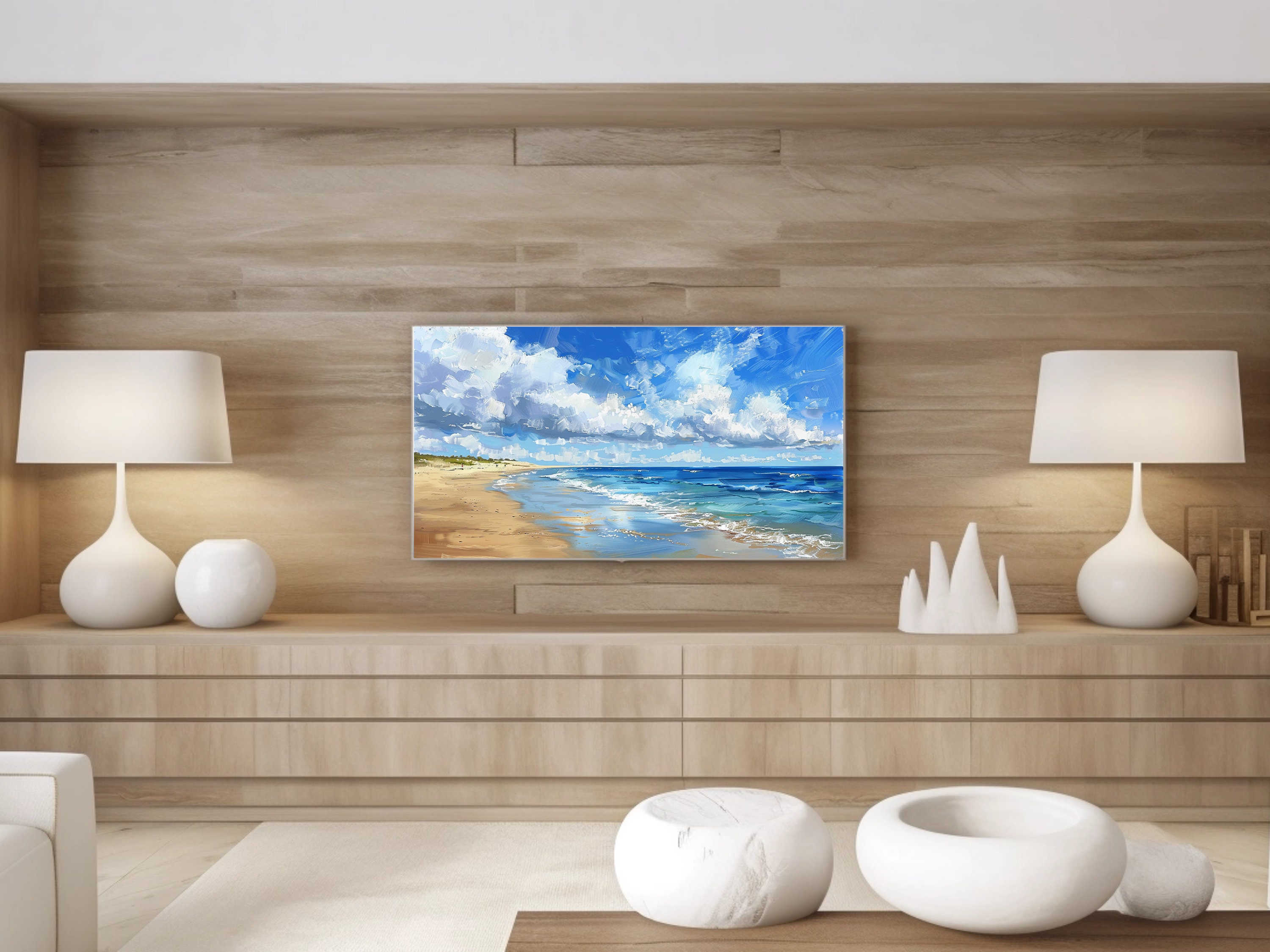 Frame TV Art, Sandy Beach Ocean Shore Blue Sky & Clouds Oil Painting ...