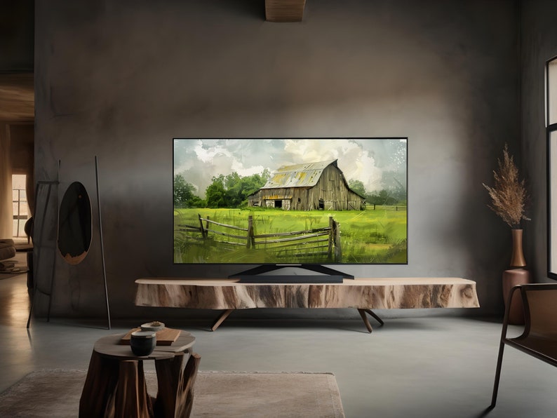 Samsung Frame TV Art, Old Barn in Green Grass in an Oil Painting Style ...