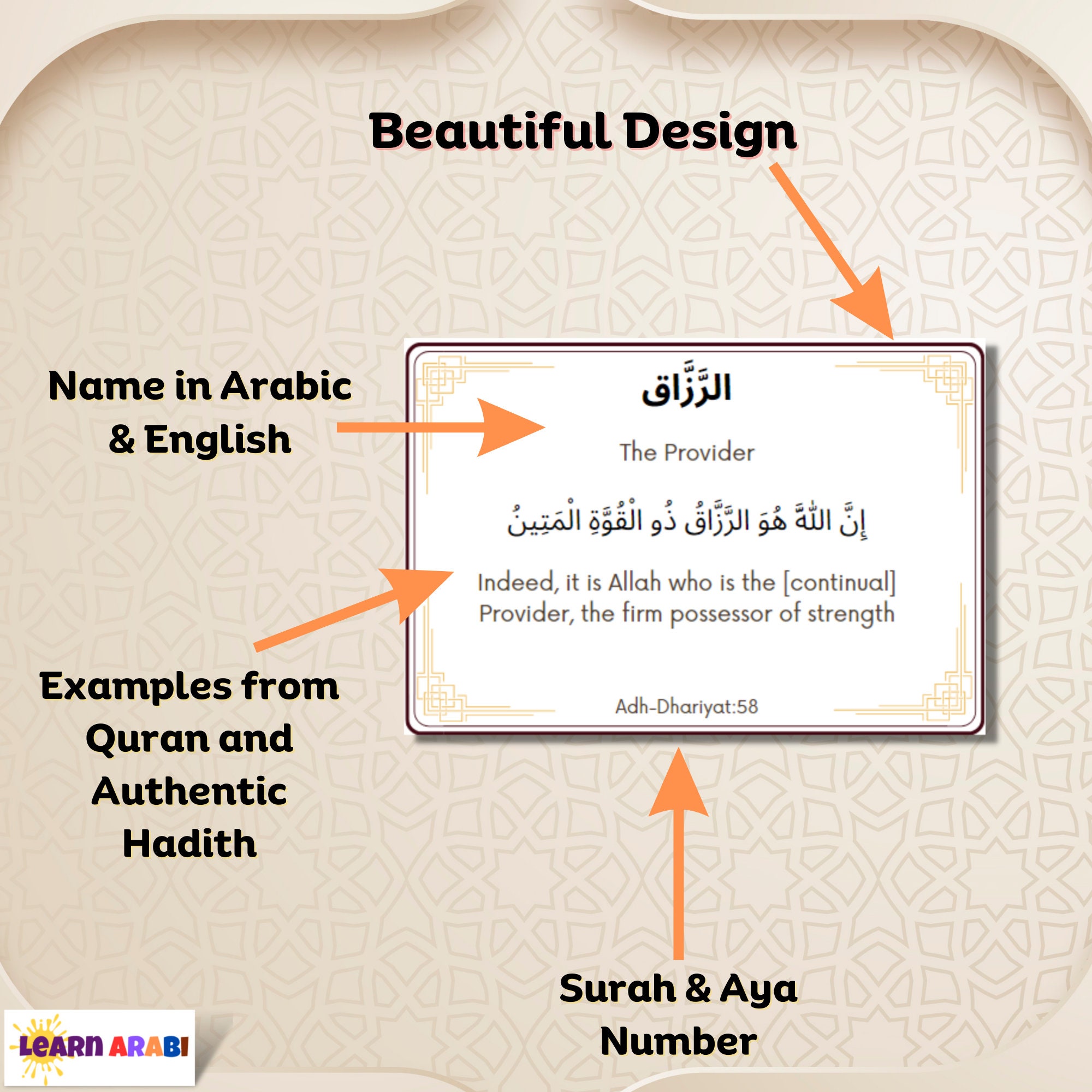 99 Names of Allah Flashcards With Translation & Examples From Quran and ...