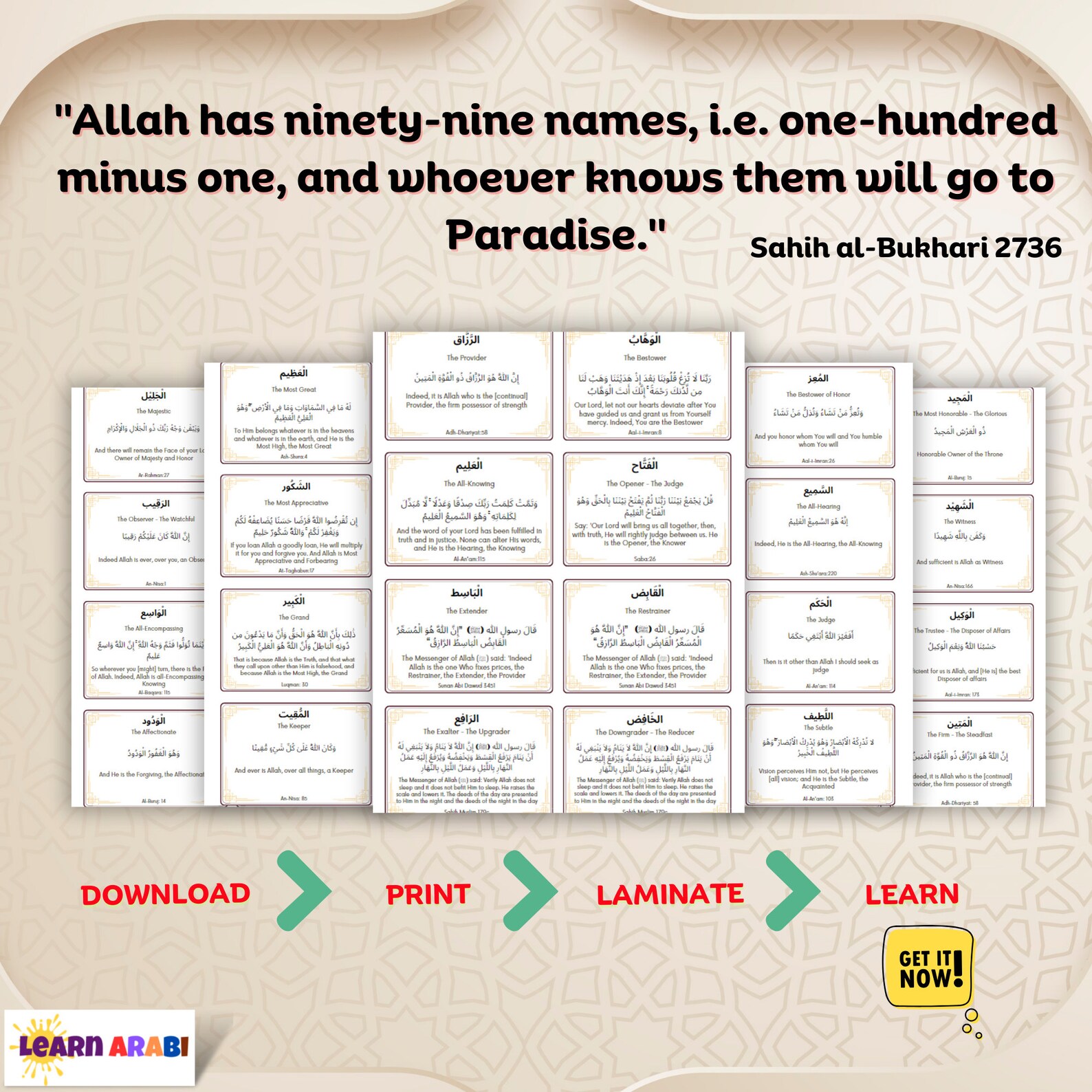99 Names of Allah Flashcards With Translation & Examples From Quran and ...