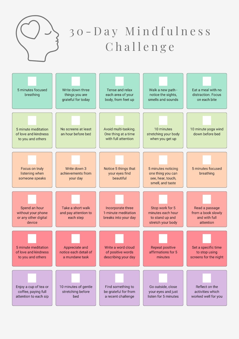 30 Day Mindfulness Challenge - Instant Download | Printable Page Plus ...
