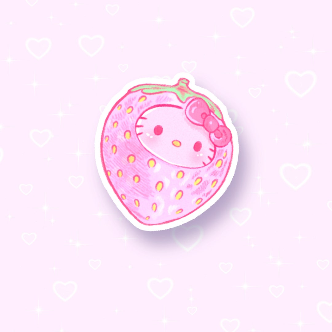 Kawaii Strawberry Cat Holographic Vinyl Sticker, Water Resistant Decal ...