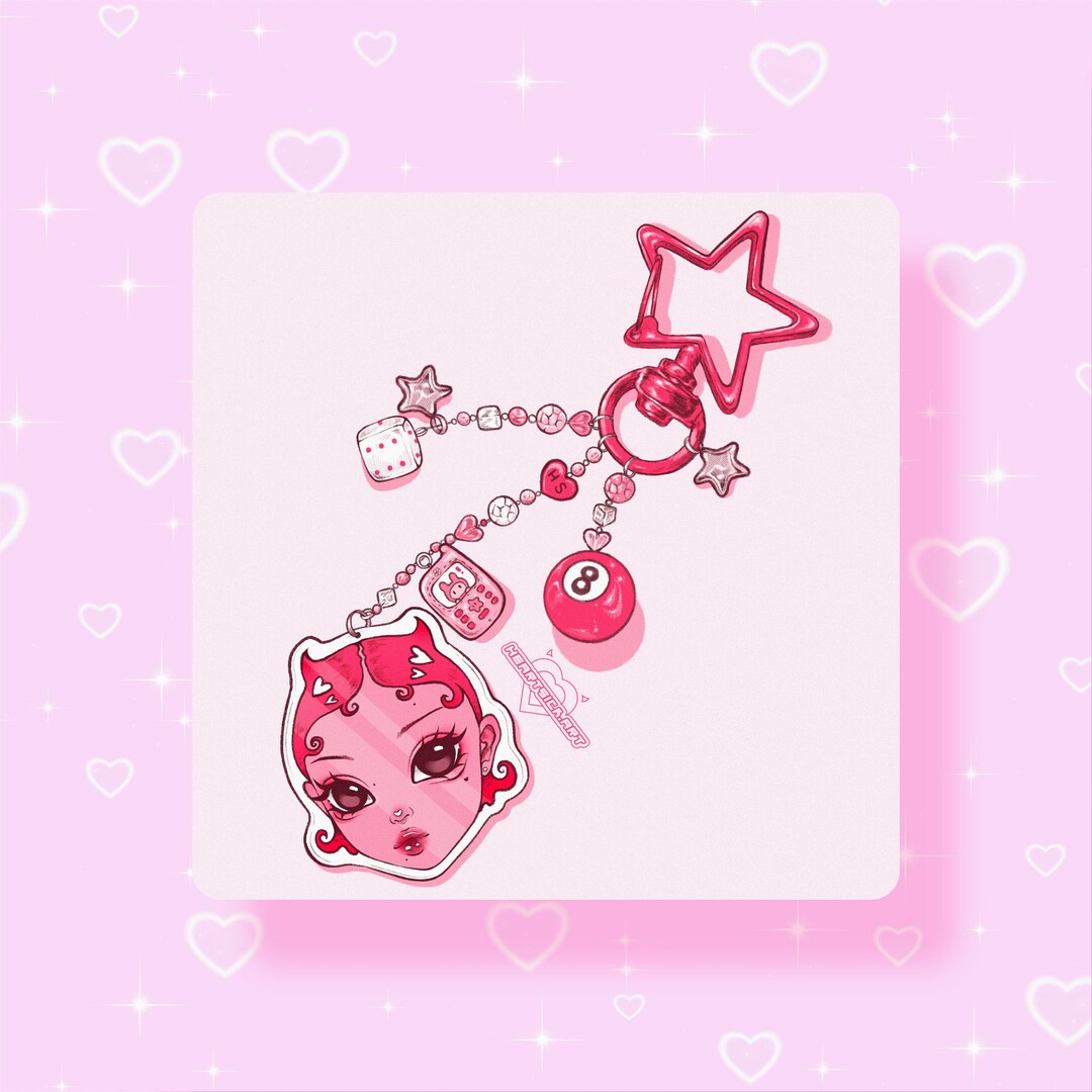 Full of Charm Kawaii Cute Pink Gyaru Phone Keychain Retro Trinket Beads ...