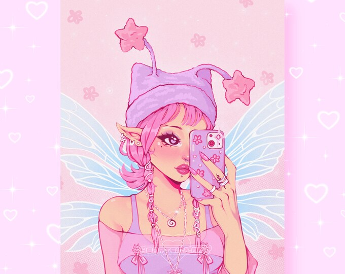 Fairycore Elf Selfie Girl With Wings Y2k Kawaii Cute Pink Purple 8.5x11 ...