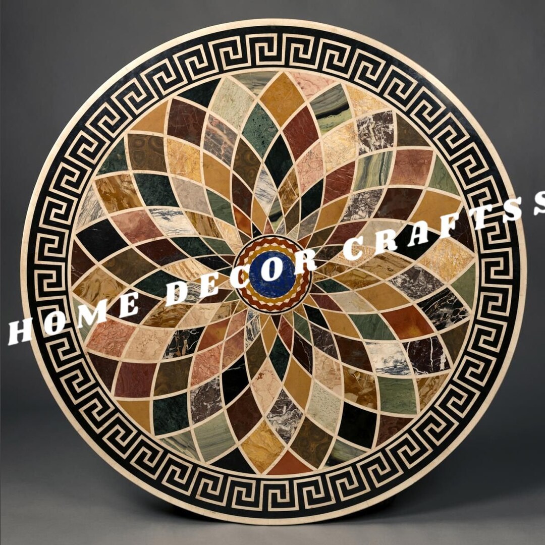 Round Inlay Table, Multi Stone Handmade Pietra Dura Table, Stone Inlay ...