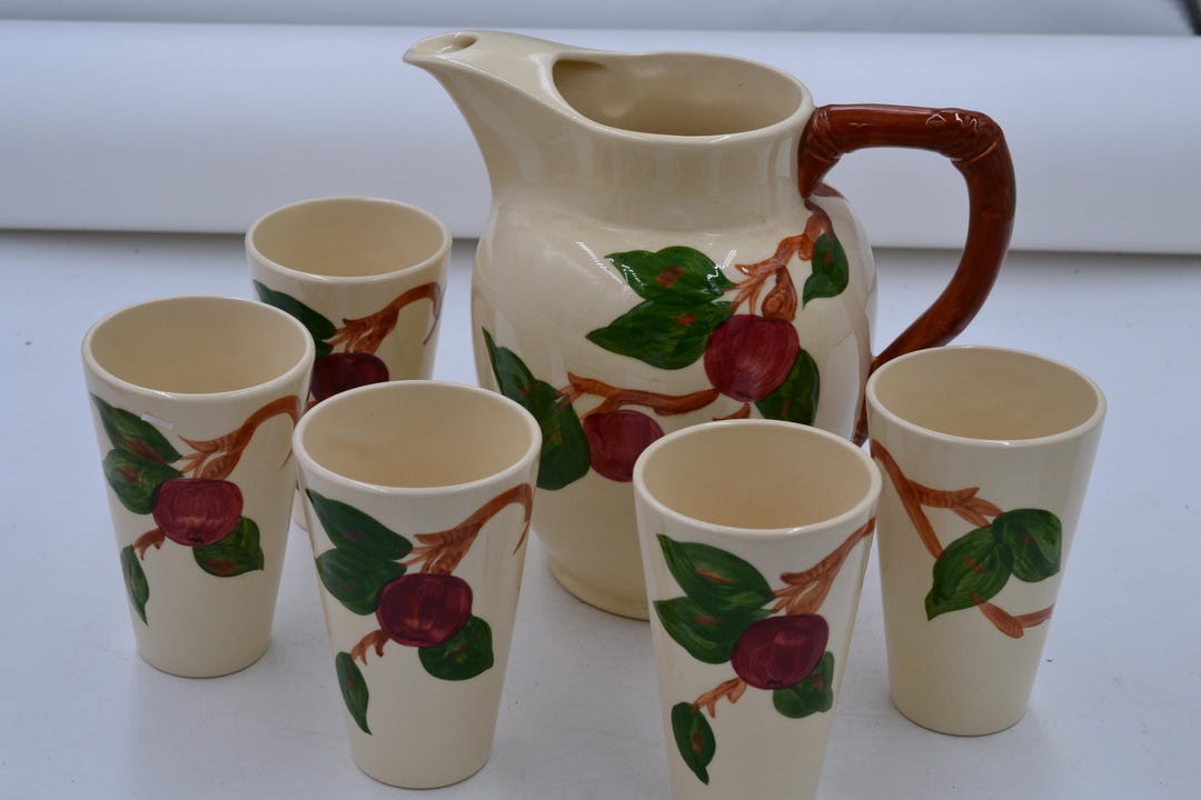 Franciscan Earthenware Apple Pattern, Pitcher 8.75 Tall W/ 5 Matching Tumblers each 5 1/8 Tall ...