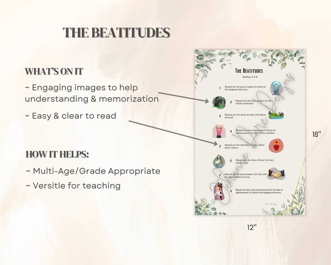 Christian Beatitudes Bible Poster Kid Activity Learning Teaching Art ...
