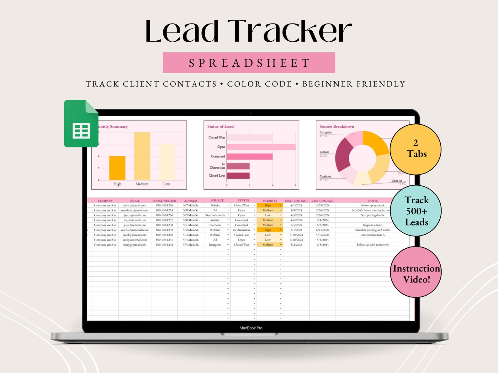 Lead Tracker Google Sheets Client Tracker Template Client Management ...