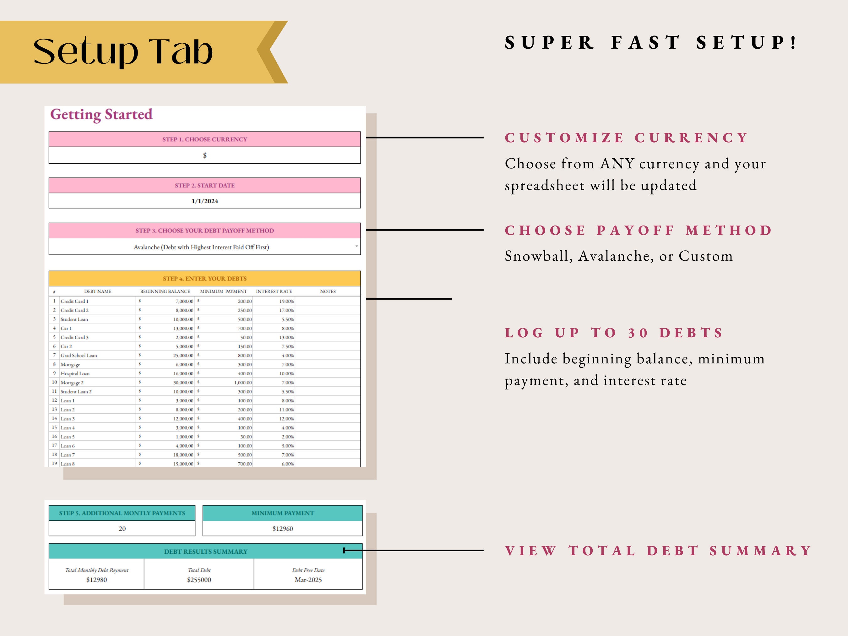 Google Sheets Debt Dashboard Debt Payoff Template Debt Snowball Tracker ...