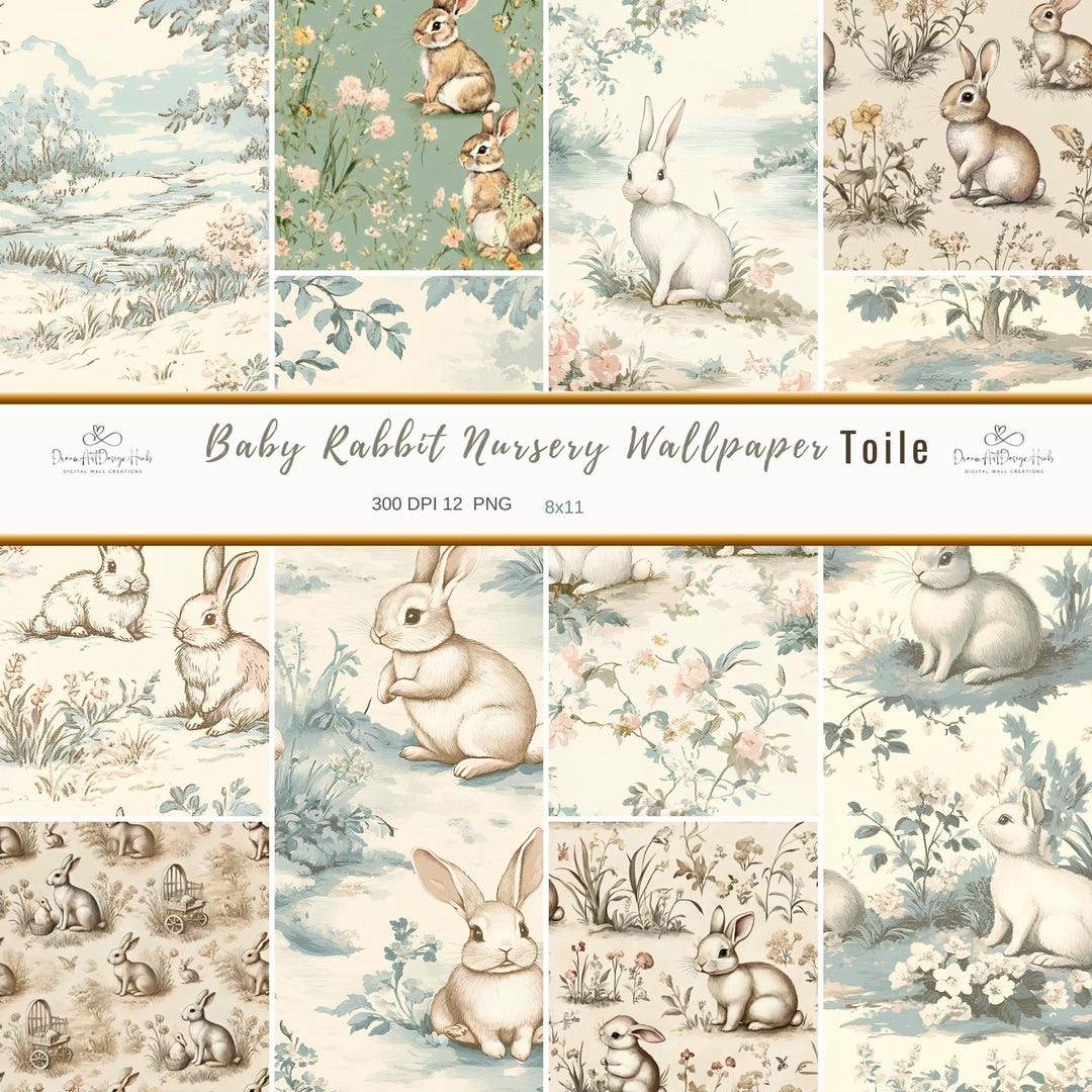 Beige Bunny Rabbit Toile Wallpaper Nursery Wall Art Baby Room Decor ...