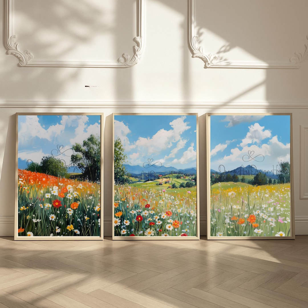 Wildflower Meadow Triptych Print: Cottagecore Farmhouse Wall Art ...