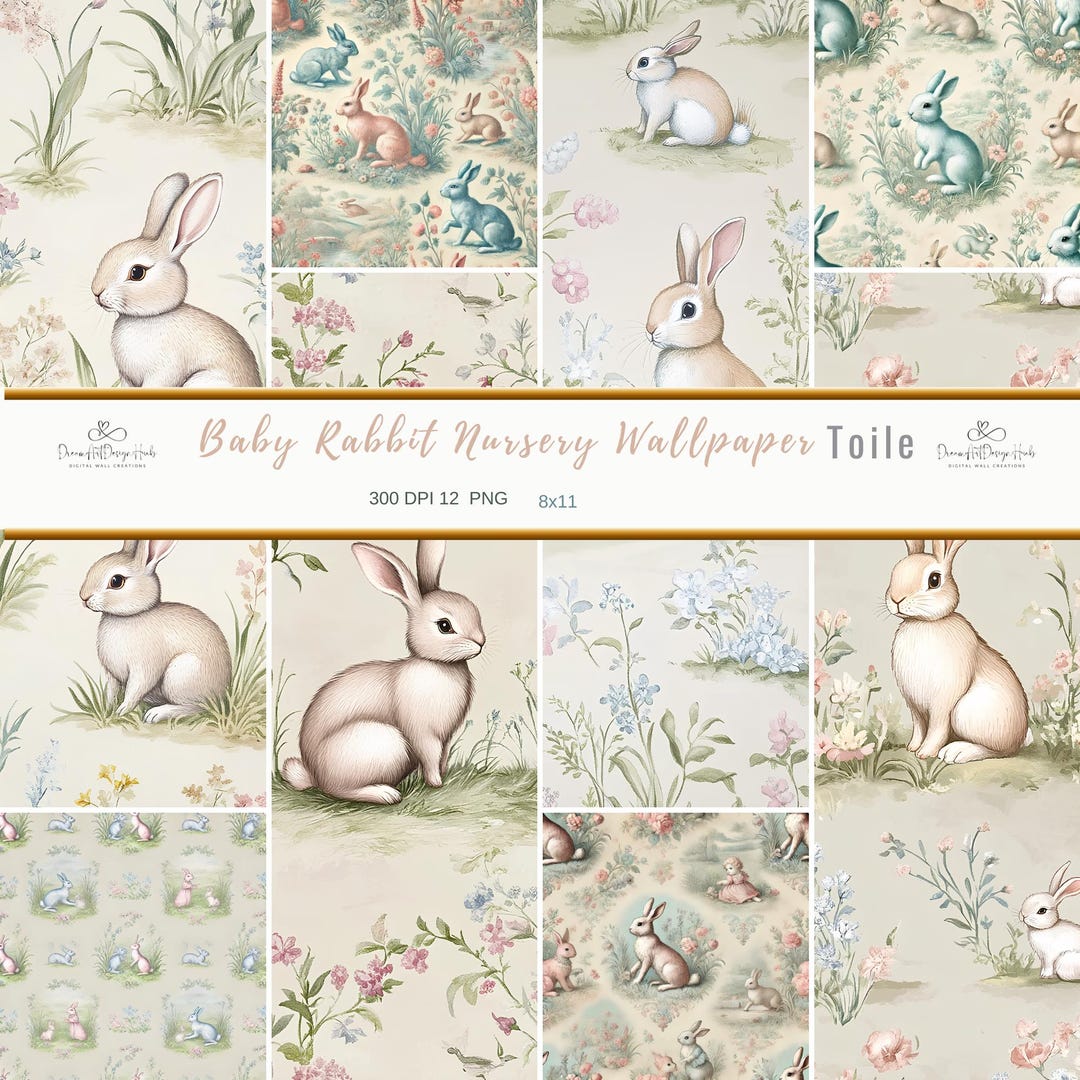 Pastel Rabbit Toile Nursery Wallpaper: Seamless Digital Pattern ...