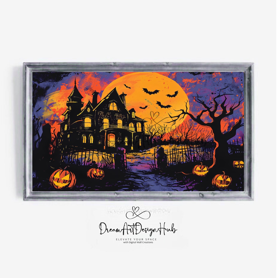 Haunted Halloween House Wall TV Art Spooky Pumpkin Moon Scene With Bats ...