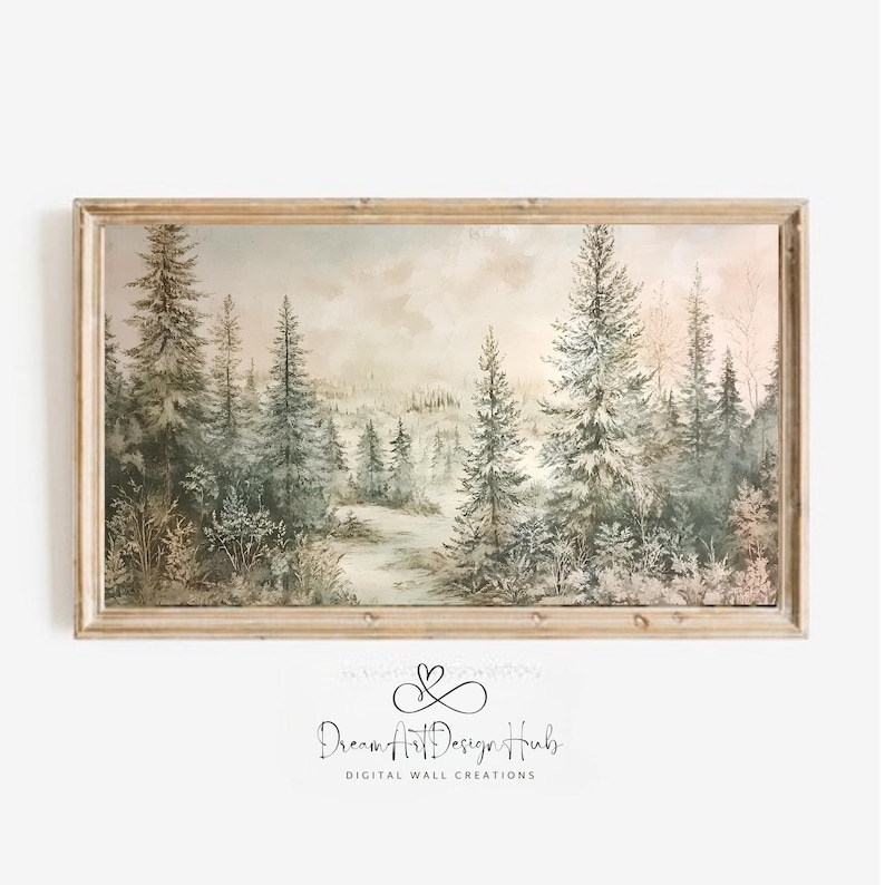 Vintage Winter Pine Forest Print: Rustic Christmas Landscape (digital ...