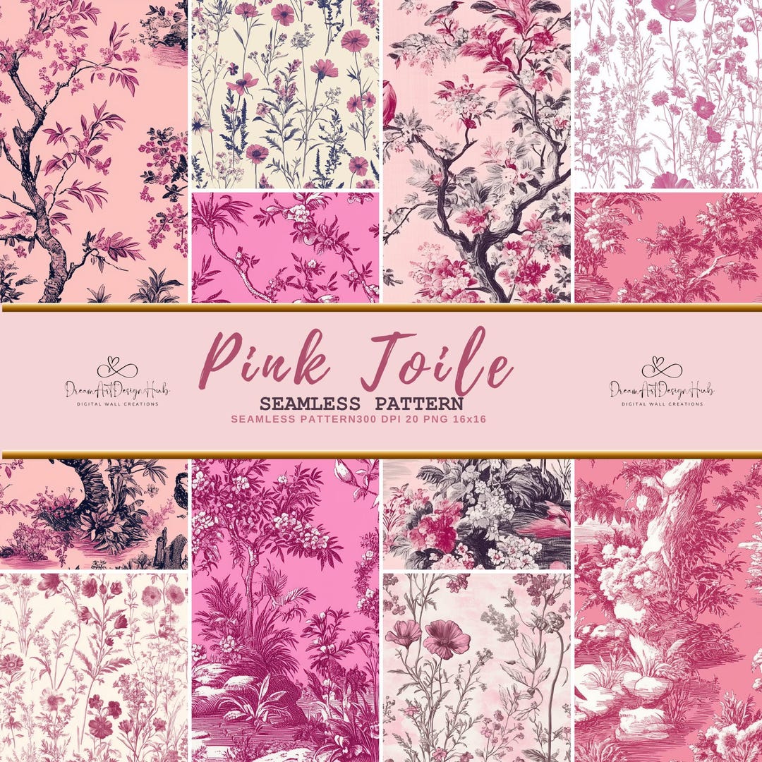 Pink Chinoiserie Pattern French Toile De Jouy Floral Art Seamless ...