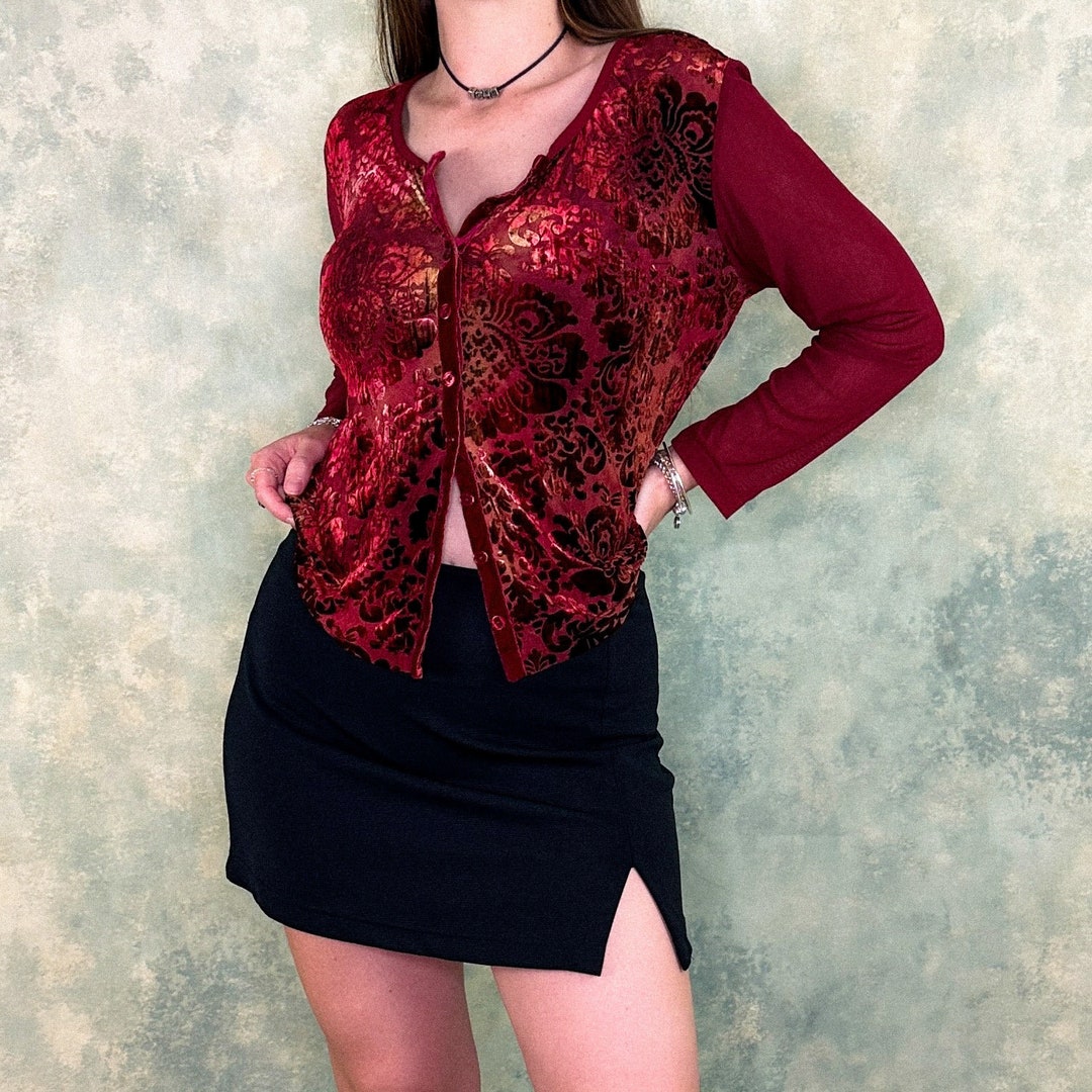 Y2k 2000s Glory Red Ombre Crushed Velvet Floral Mesh Top - Etsy