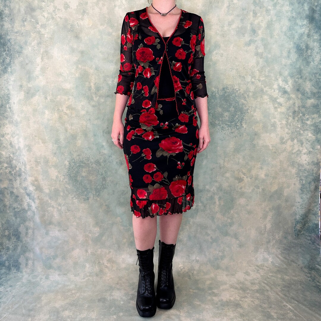 Y2k 2000s Cinch Red Roses Mesh Two Piece Set - Etsy