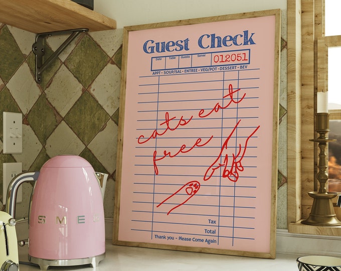 Guest Check Cats Eat Free Wall Art Set of 3 Kitchen Diner Restaurant ...