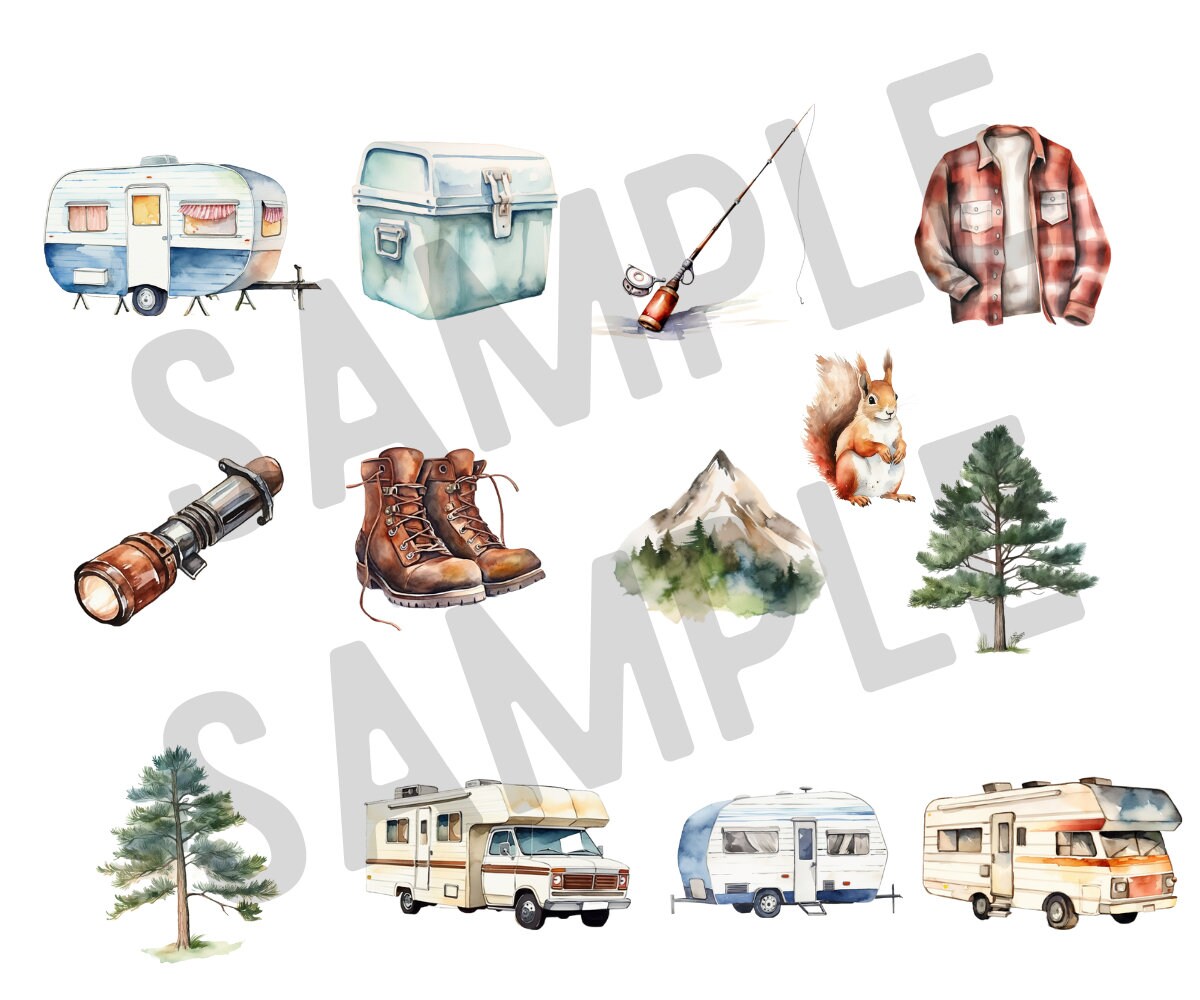 Camping Watercolor Clipart & Seamless Backgrounds Fishing Trip, Tent ...