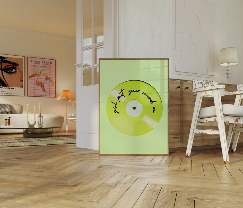 Lime Green Vinyl Record Wall Art Retro Maximalist Eclectic Decor ...