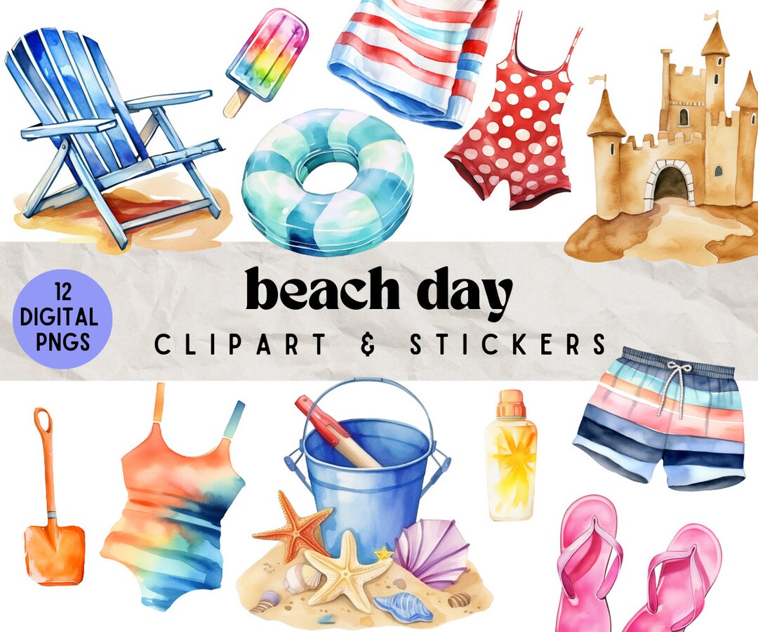 Watercolor Summer Beach Day Stickers & Clipart | Digital Download - Etsy