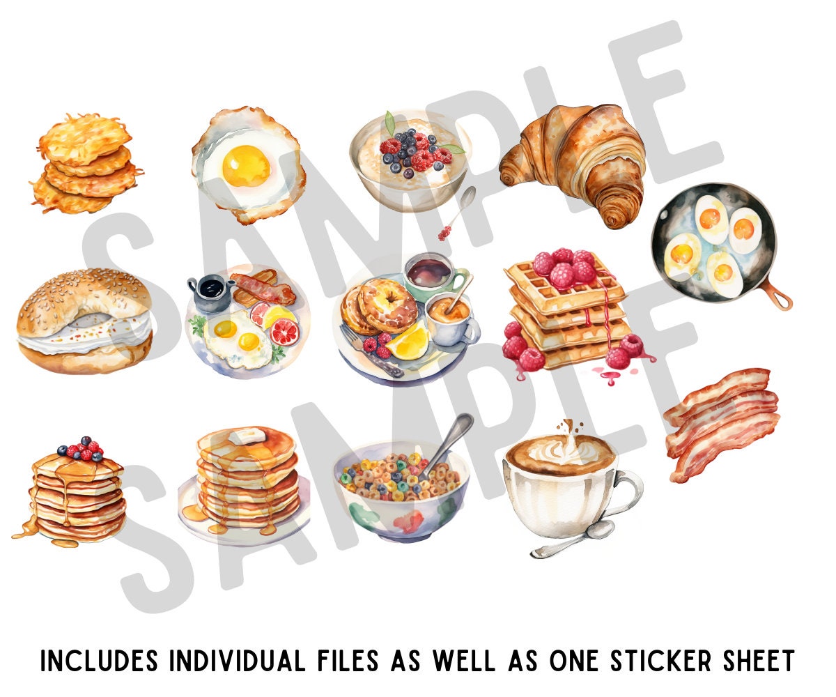 Watercolor Breakfast Food Stickers & Clipart Digital Download - Etsy