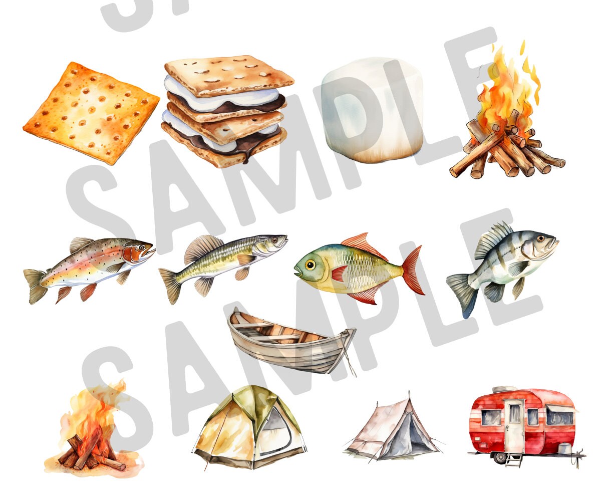 Camping Watercolor Clipart & Seamless Backgrounds Fishing Trip, Tent ...