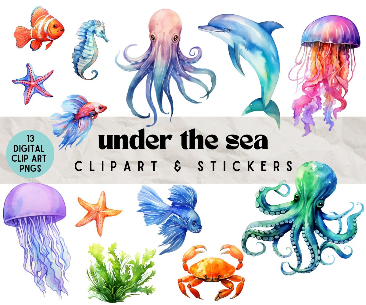 Watercolor Under the Sea Animals Stickers & Clipart | Digital Download ...