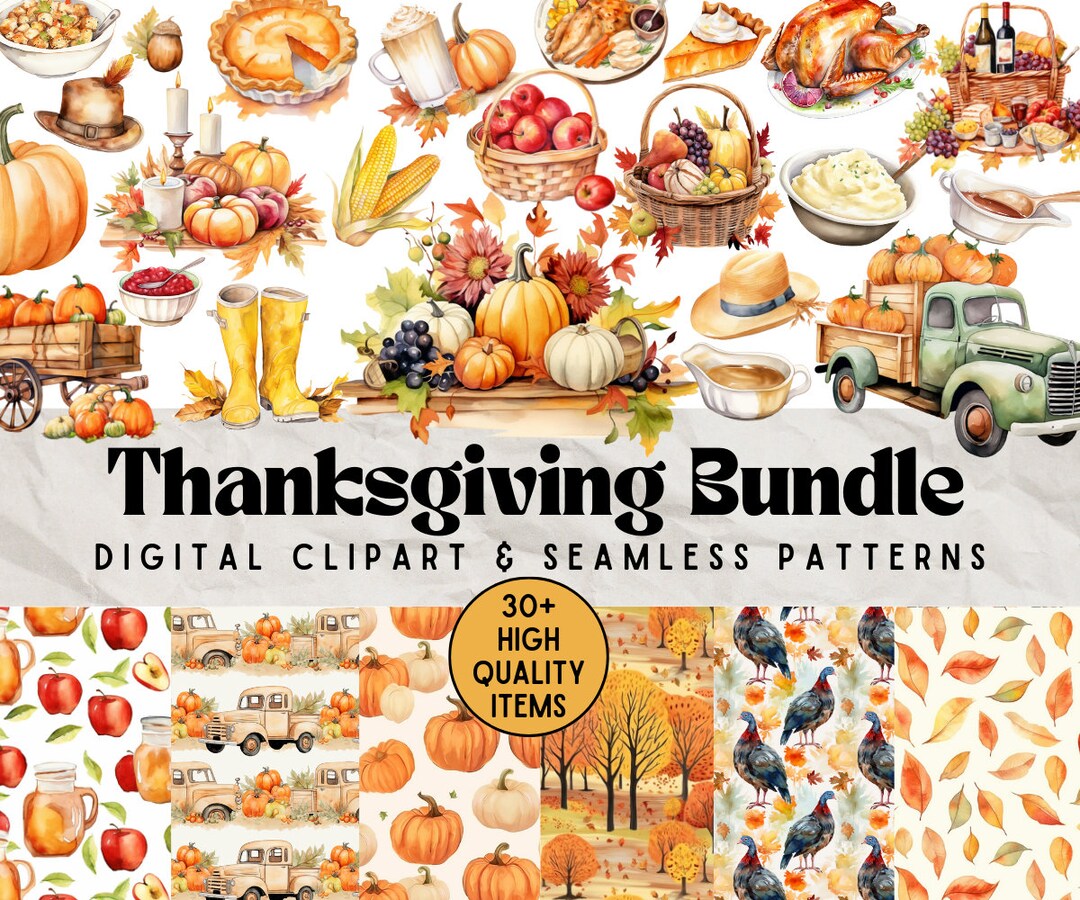 Thanksgiving Clipart & Seamless Patterns Autumn, Turkey, Pie, Pumpkins ...