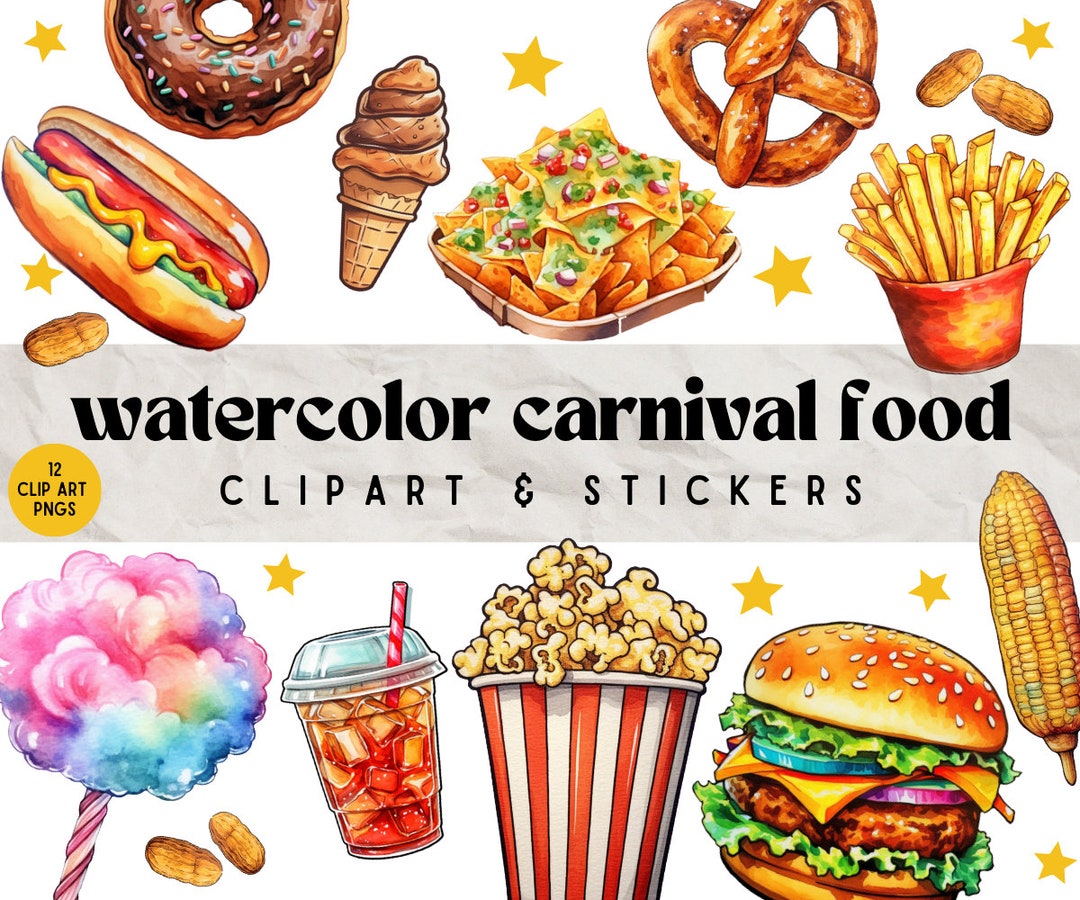 Watercolor Carnival Food Stickers & Clipart | Digital Download - Etsy