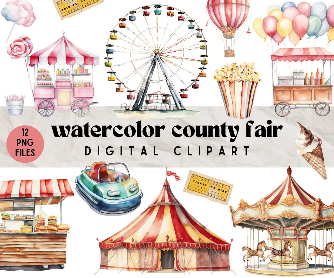 Watercolor County Fair Clipart Pngs | State Fair Rides, Food, Balloons ...