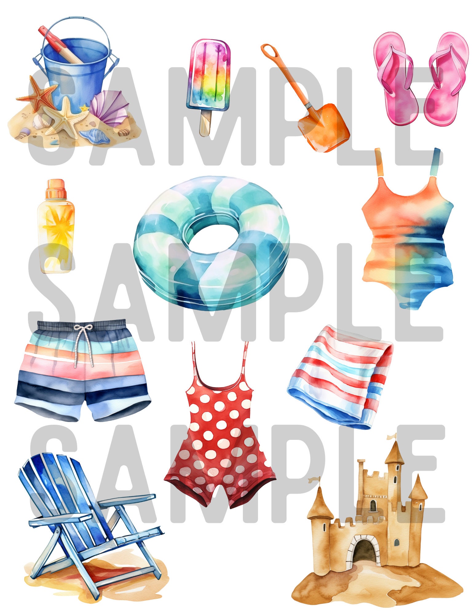Watercolor Summer Beach Day Stickers & Clipart Digital Download - Etsy