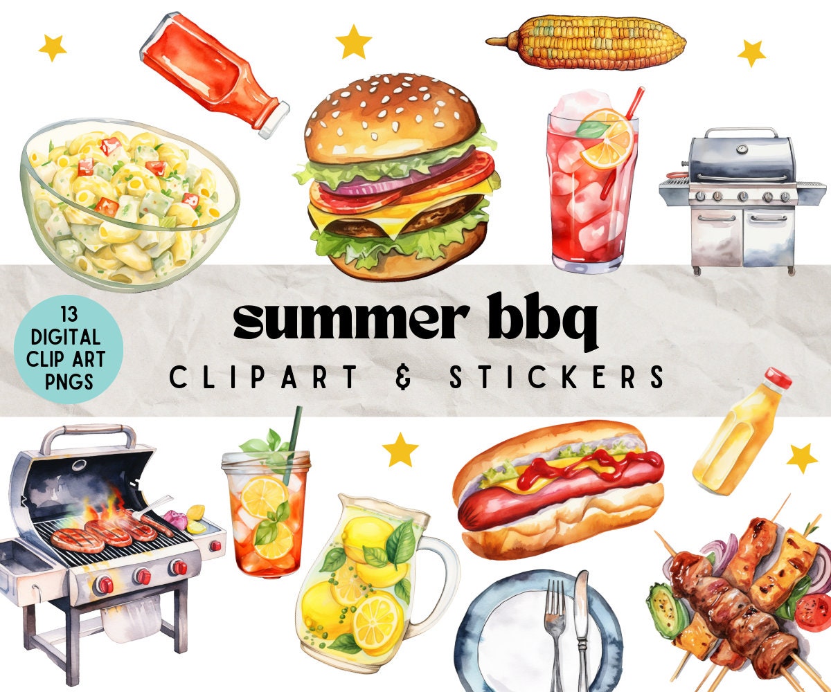Watercolor Summer BBQ Stickers & Clipart | Digital Download - Etsy