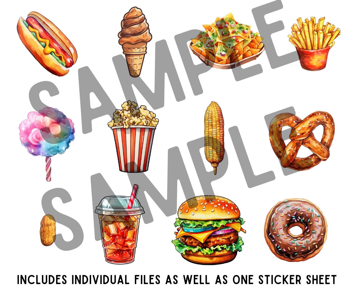 Watercolor Carnival Food Stickers & Clipart | Digital Download - Etsy